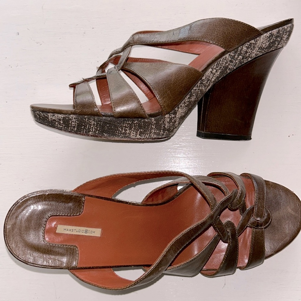 Max Studio Belinda Brown Leather Wedge Sandal Size 8.5 - Gem